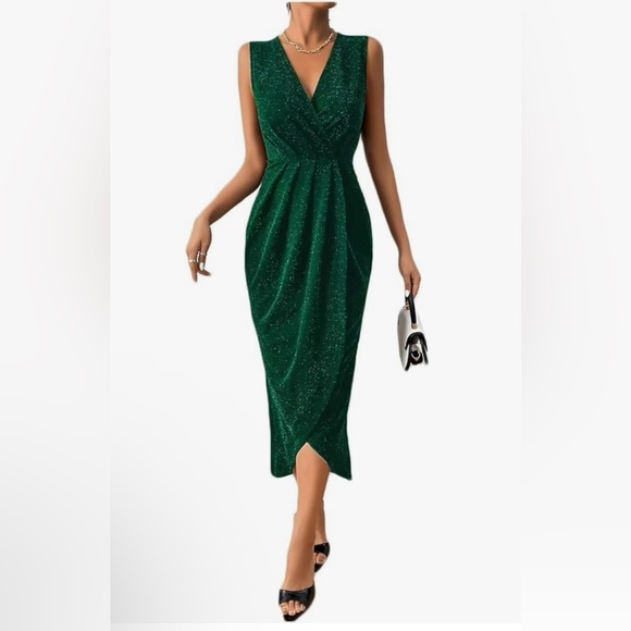 Dresses | Green Sparkle Midi Dress With Tulip Hemline V Neck Size Xl ...